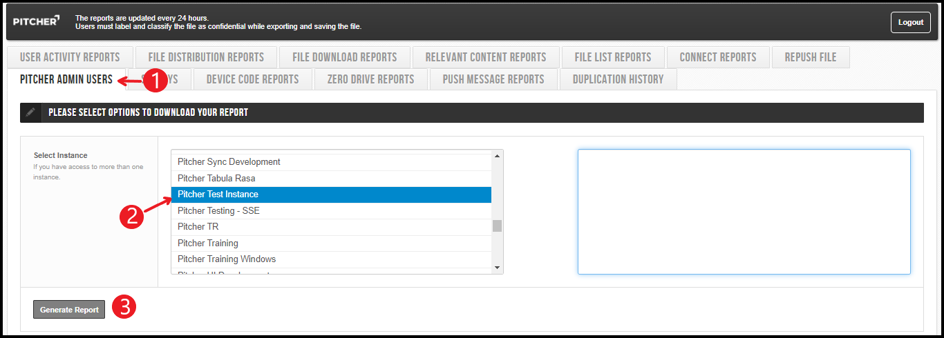 Pitcher Admin Users Report
